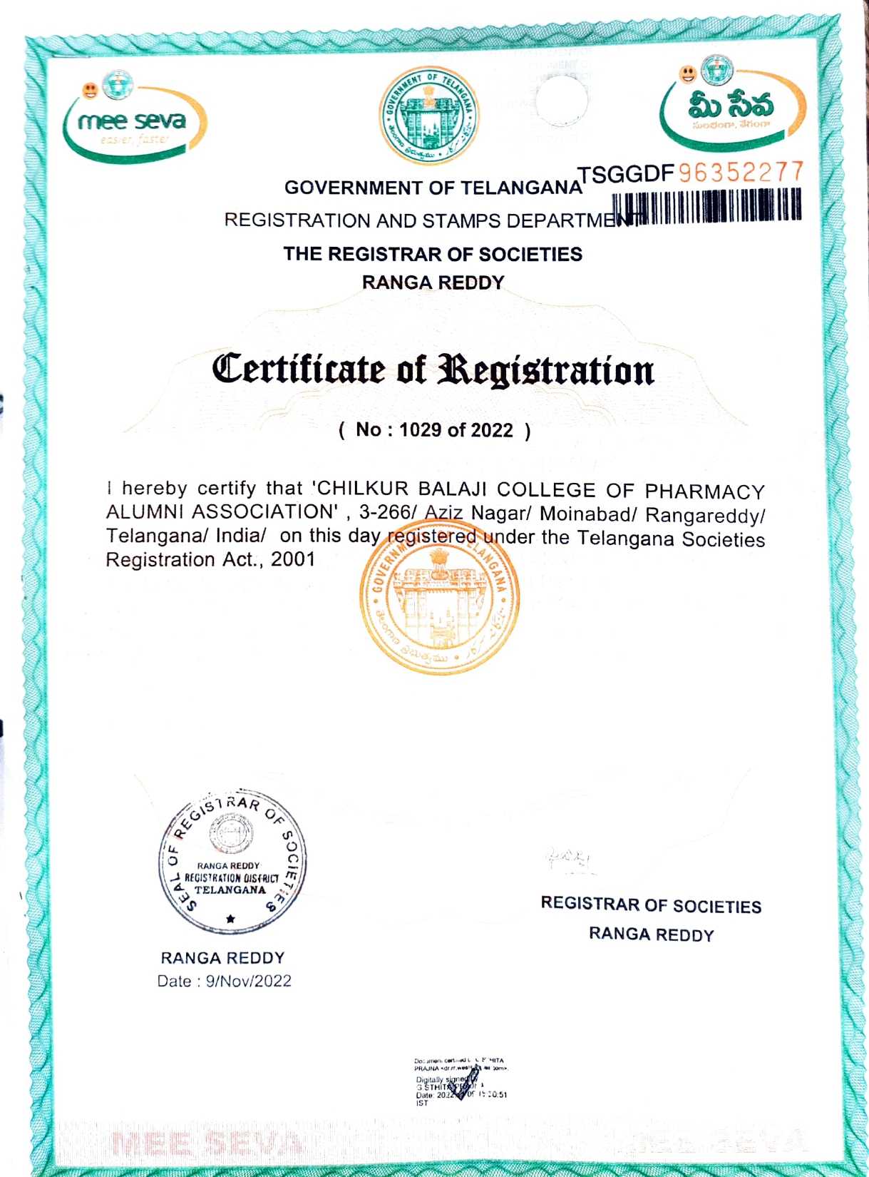 Alumni registration certificate - Chilkur Balaji College of Pharmacy